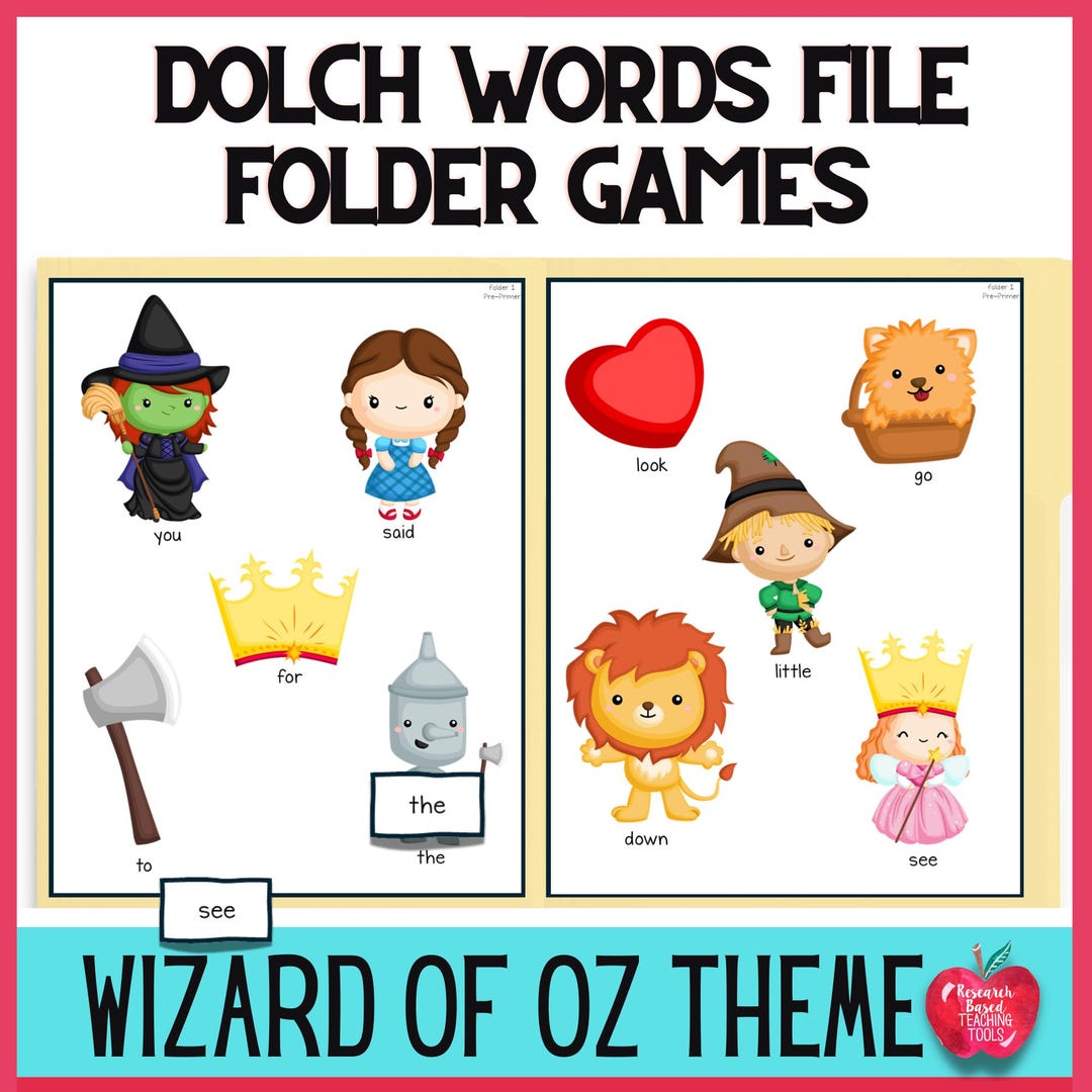 Wizard of Oz Sight Word File Folder Games: Dolch Pre-k to 3rd Grade ...