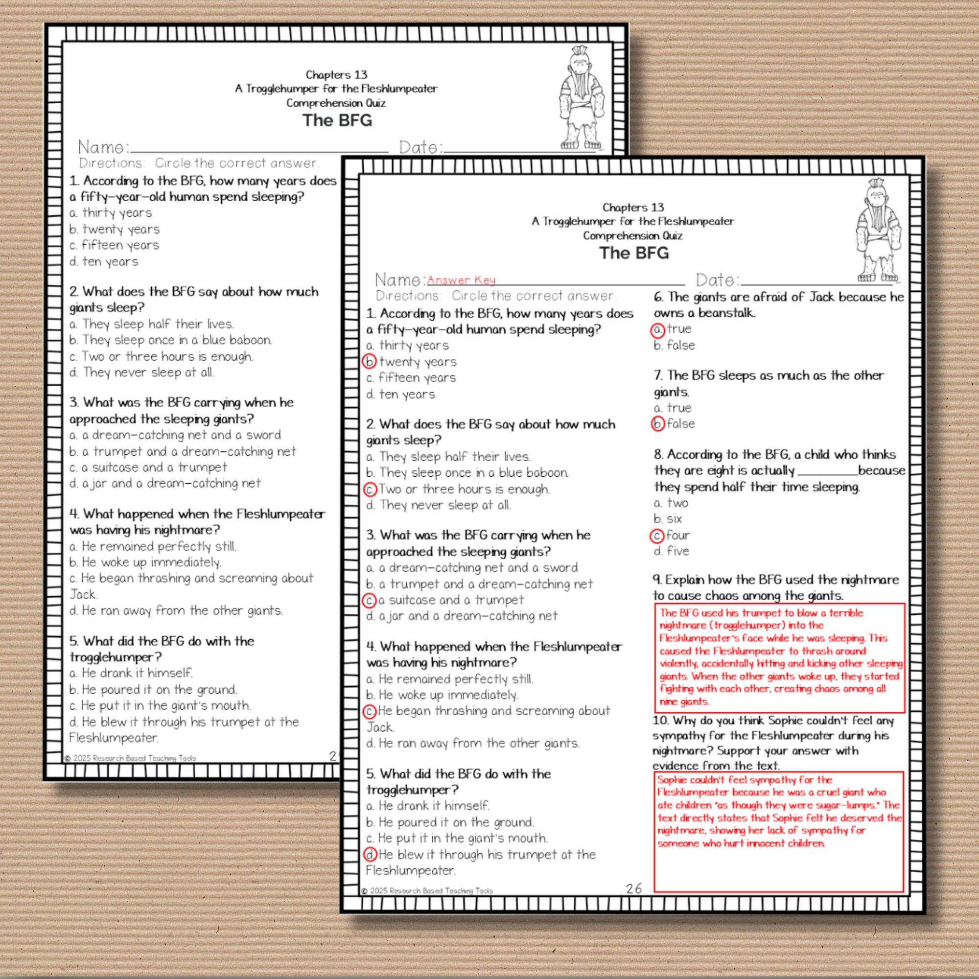 BFG Chapter Quizzes: Roald Dahl's Novel Comprehension Assessment With ...