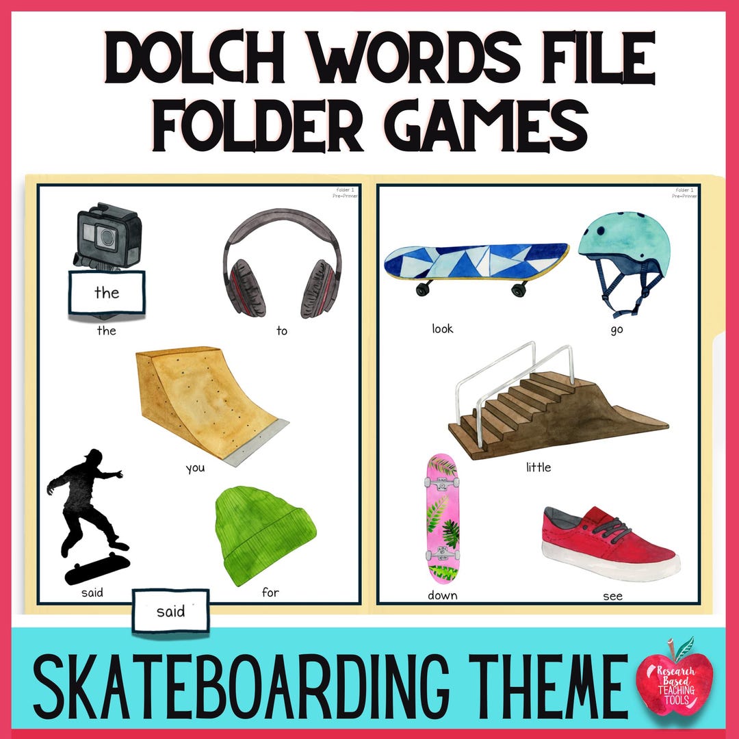 Skateboarding Themed Sight Word File Folder Games: Prek-3rd Grade Dolch ...