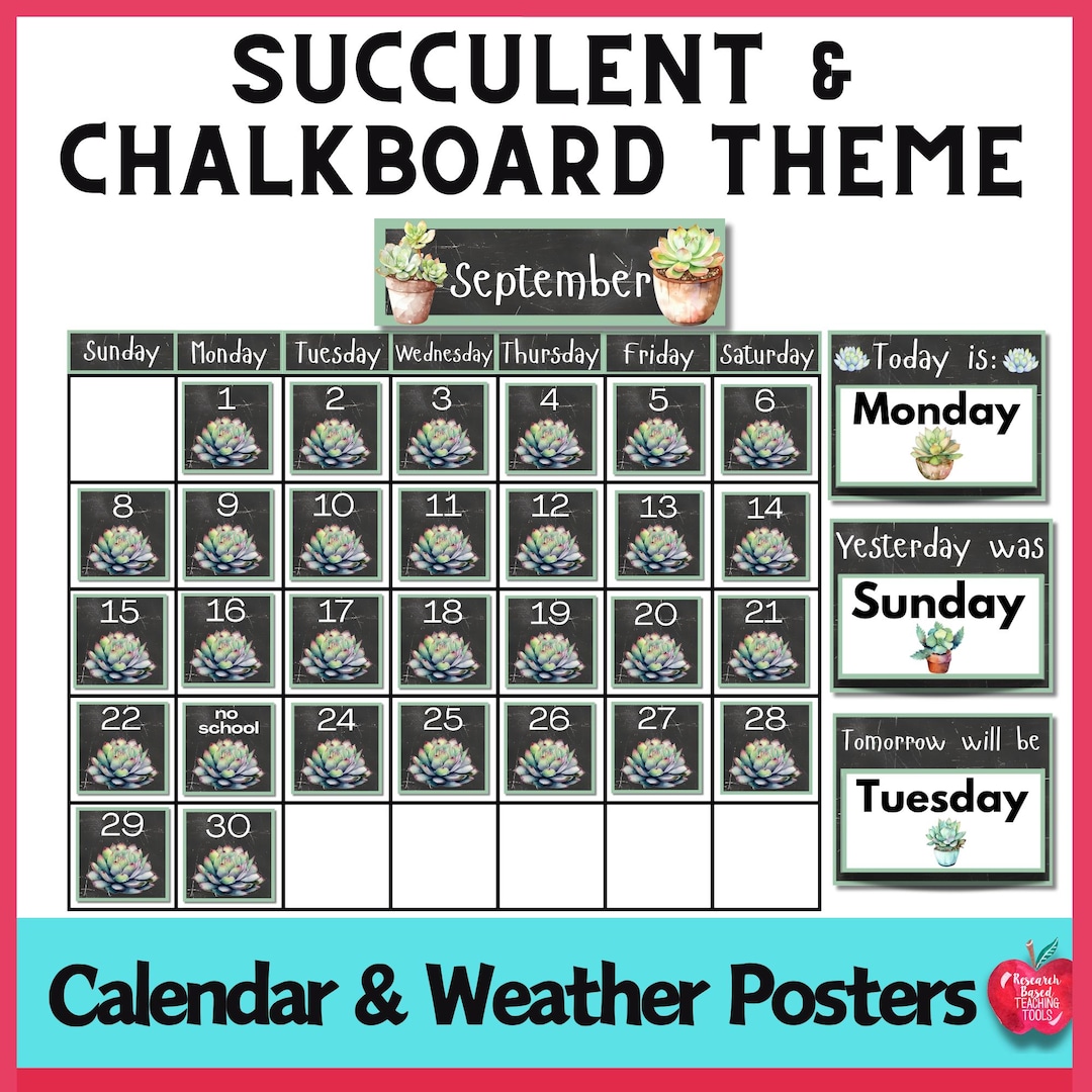 Boho Succulent Chalkboard Classroom Calendar Set: Weather, Months ...