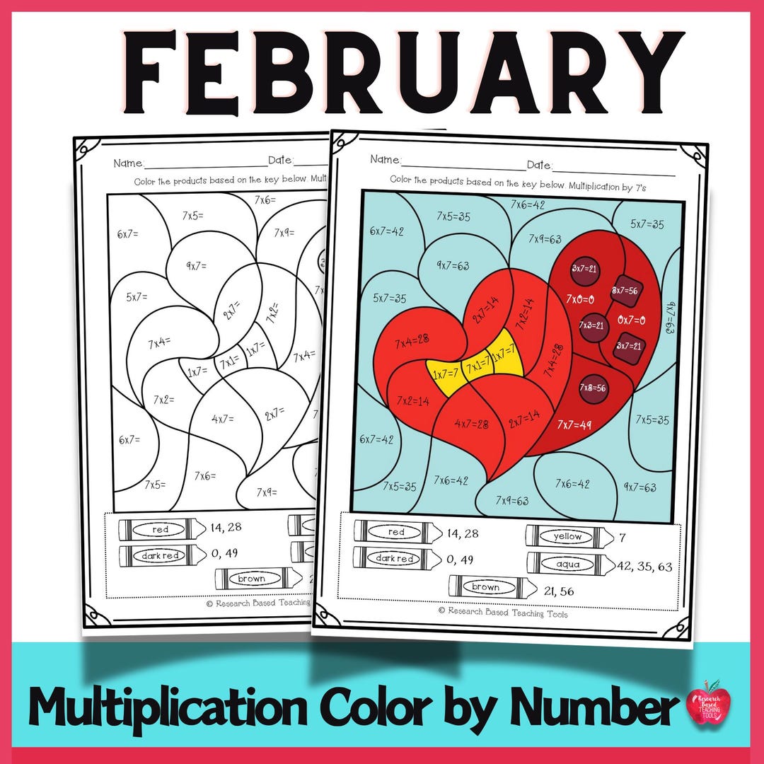 February Multiplication Color by Number Worksheets | Valentine ...