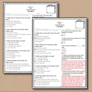 BFG Chapter Quizzes: Roald Dahl's Novel Comprehension Assessment With ...