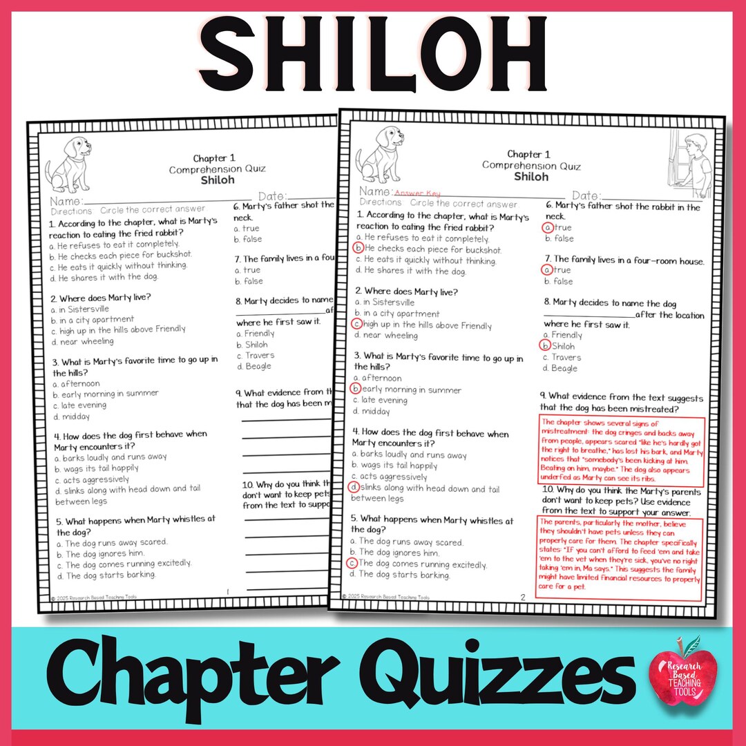 Shiloh Novel Study: Chapter Quizzes, Comprehension Tests, Multiple ...