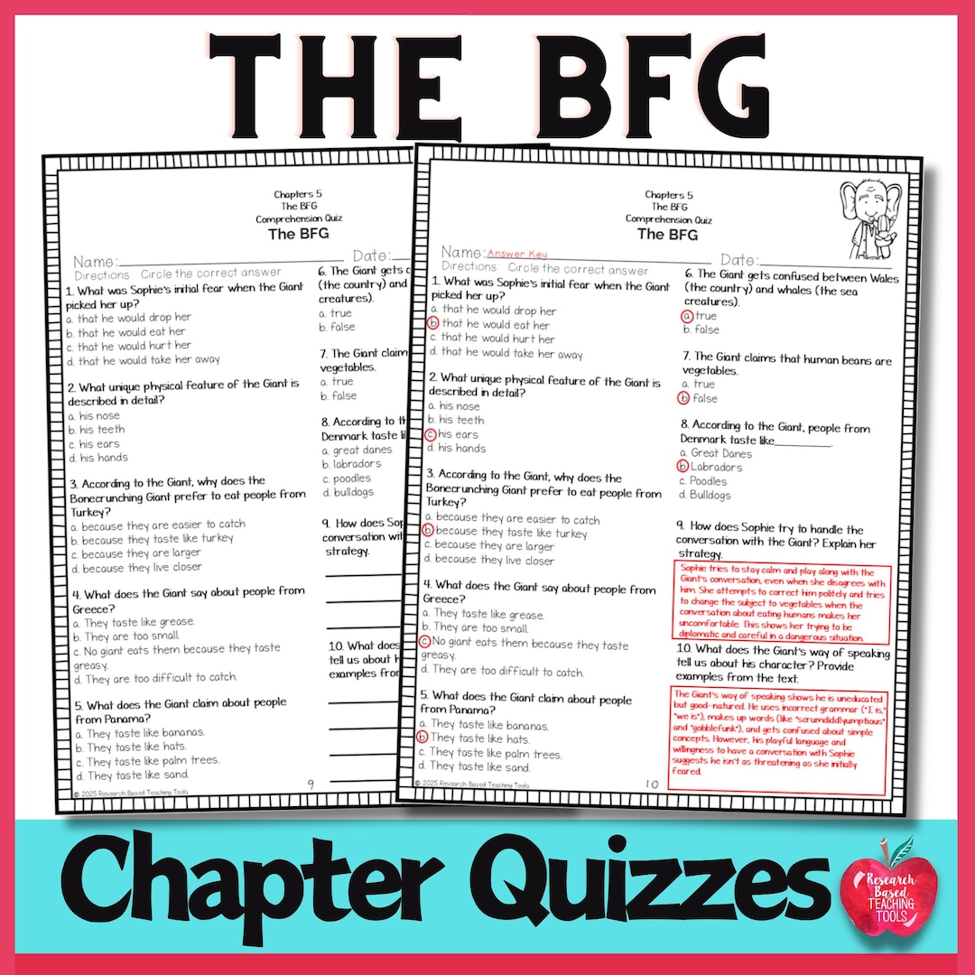 BFG Chapter Quizzes: Roald Dahl's Novel Comprehension Assessment With ...