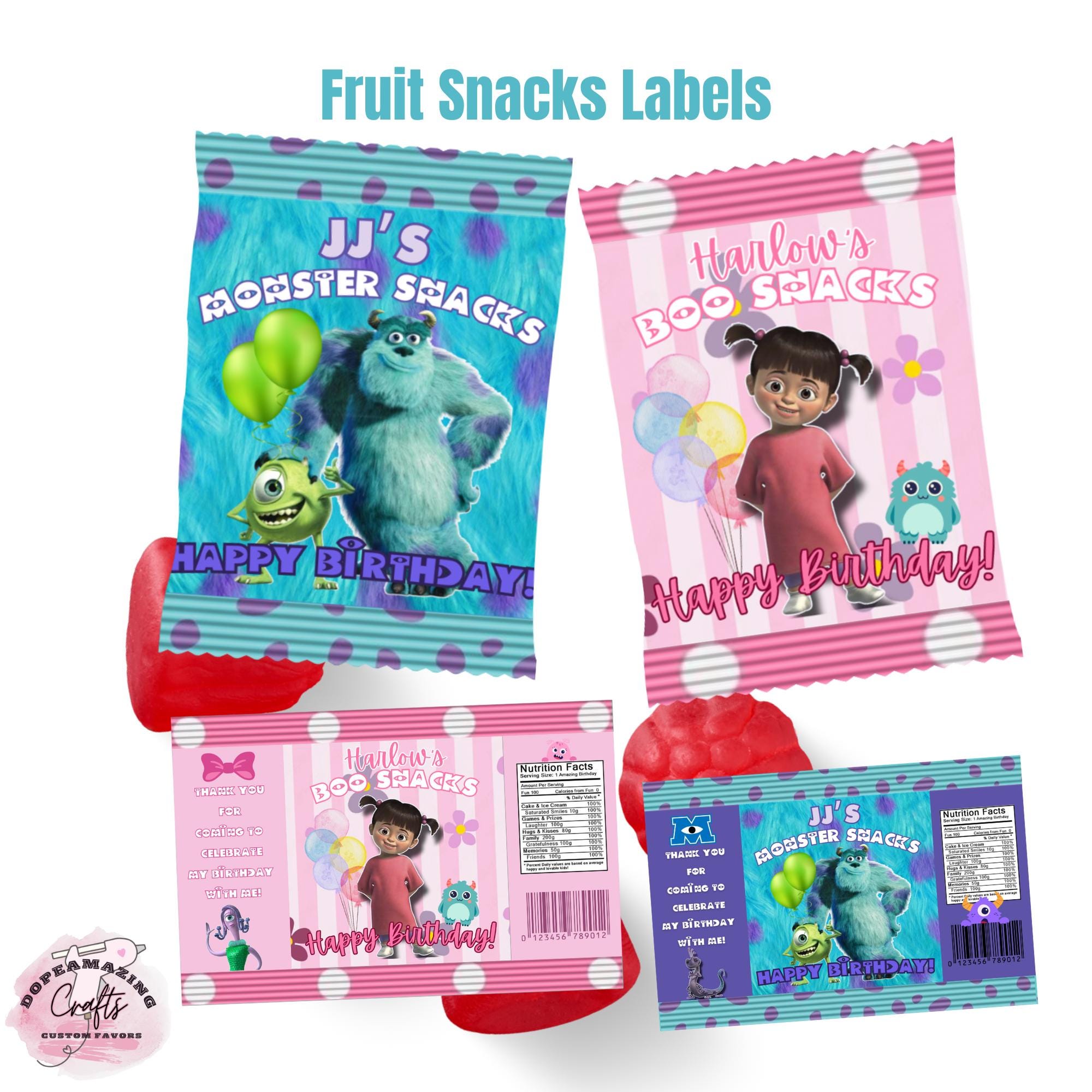 Monsters Inc Twins Birthday Party Labels: Editable Canva Templates ...