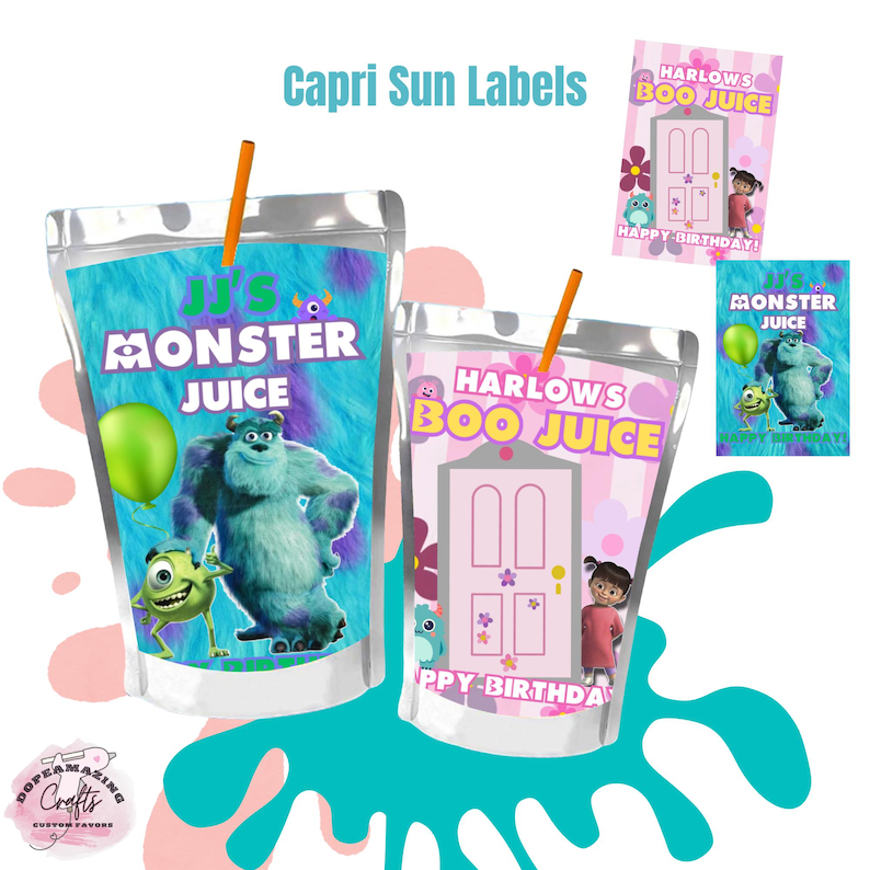 Monsters Inc Twins Birthday Party Labels: Editable Canva Templates ...