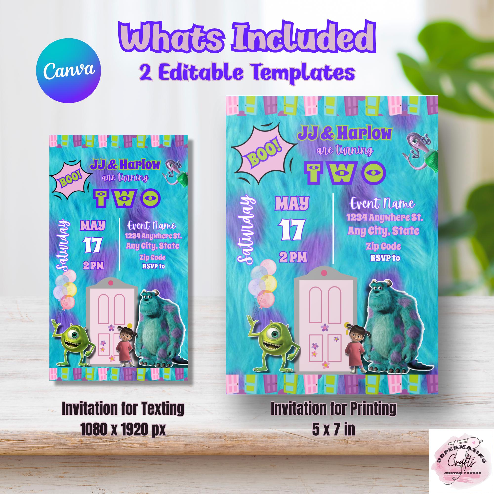 Monsters Inc Birthday Invitation Set: Twins Party, Editable Canva ...