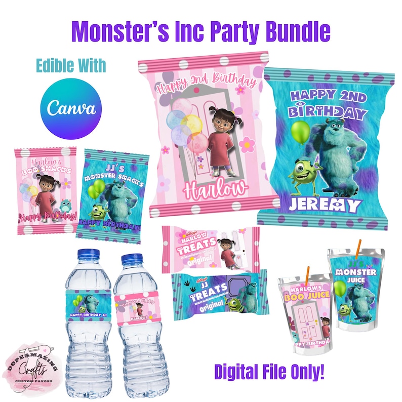Monsters Inc Twins Birthday Party Labels: Editable Canva Templates ...