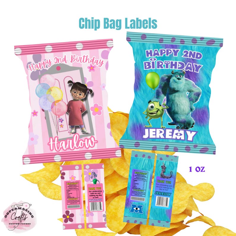 Monsters Inc Twins Birthday Party Labels: Editable Canva Templates ...