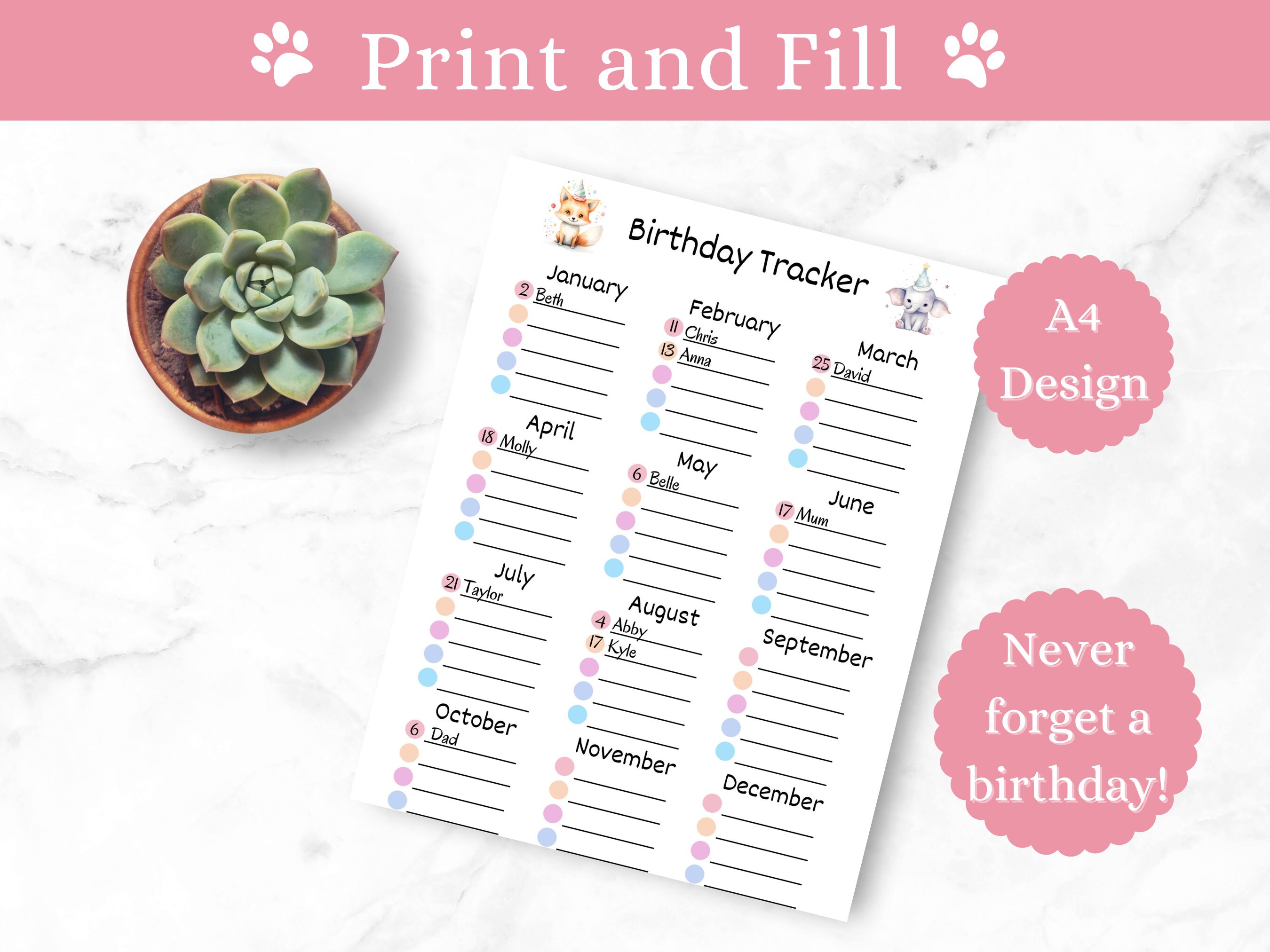Birthday Tracker Printable Calendar Organiser, Happy Birthday Wall ...