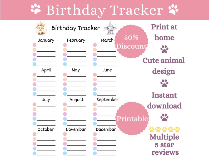 Birthday Tracker Printable Calendar Organiser, Happy Birthday Wall ...