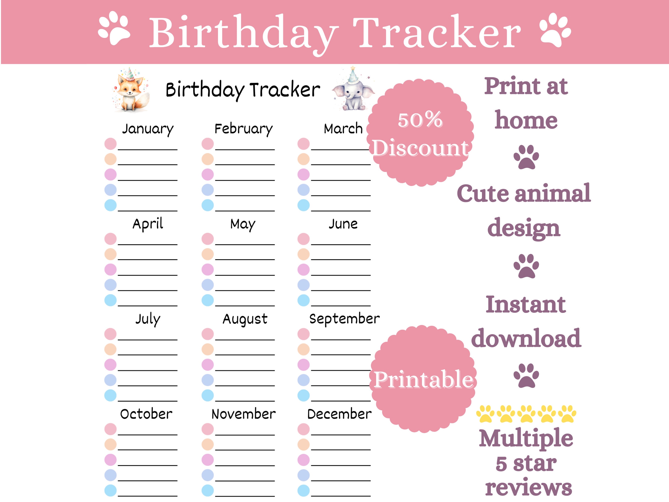 Birthday Tracker Printable Calendar Organiser, Happy Birthday Wall ...