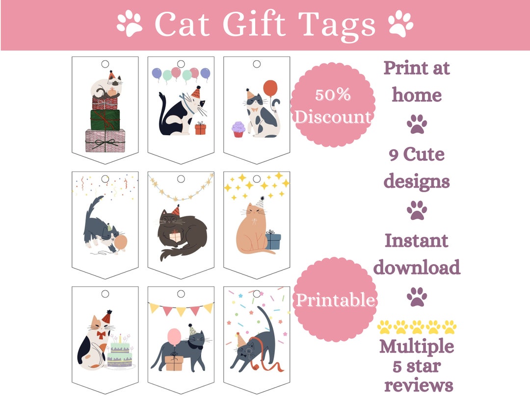 Printable Birthday Cat Gift Tag, Happy Birthday Feline Celebration ...