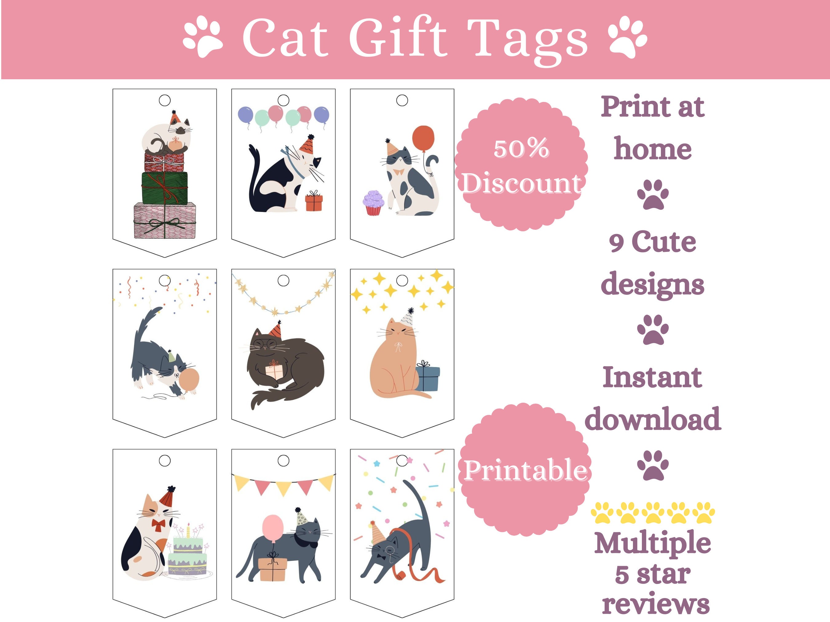 Printable Birthday Cat Gift Tags: Celebration Labels (PDF) - Etsy