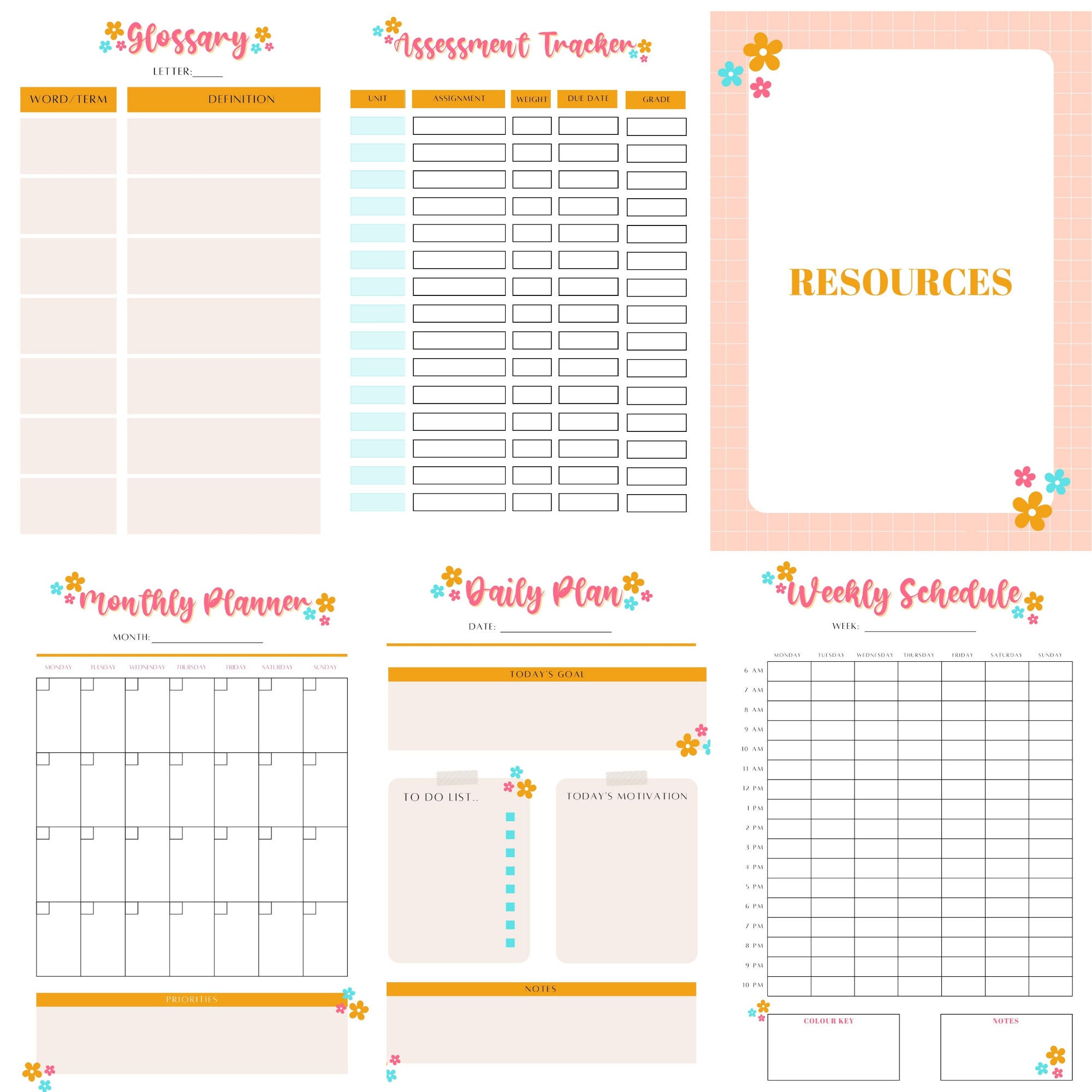 Study Planner Template Download Printable Groovy Floral Flowers Student ...