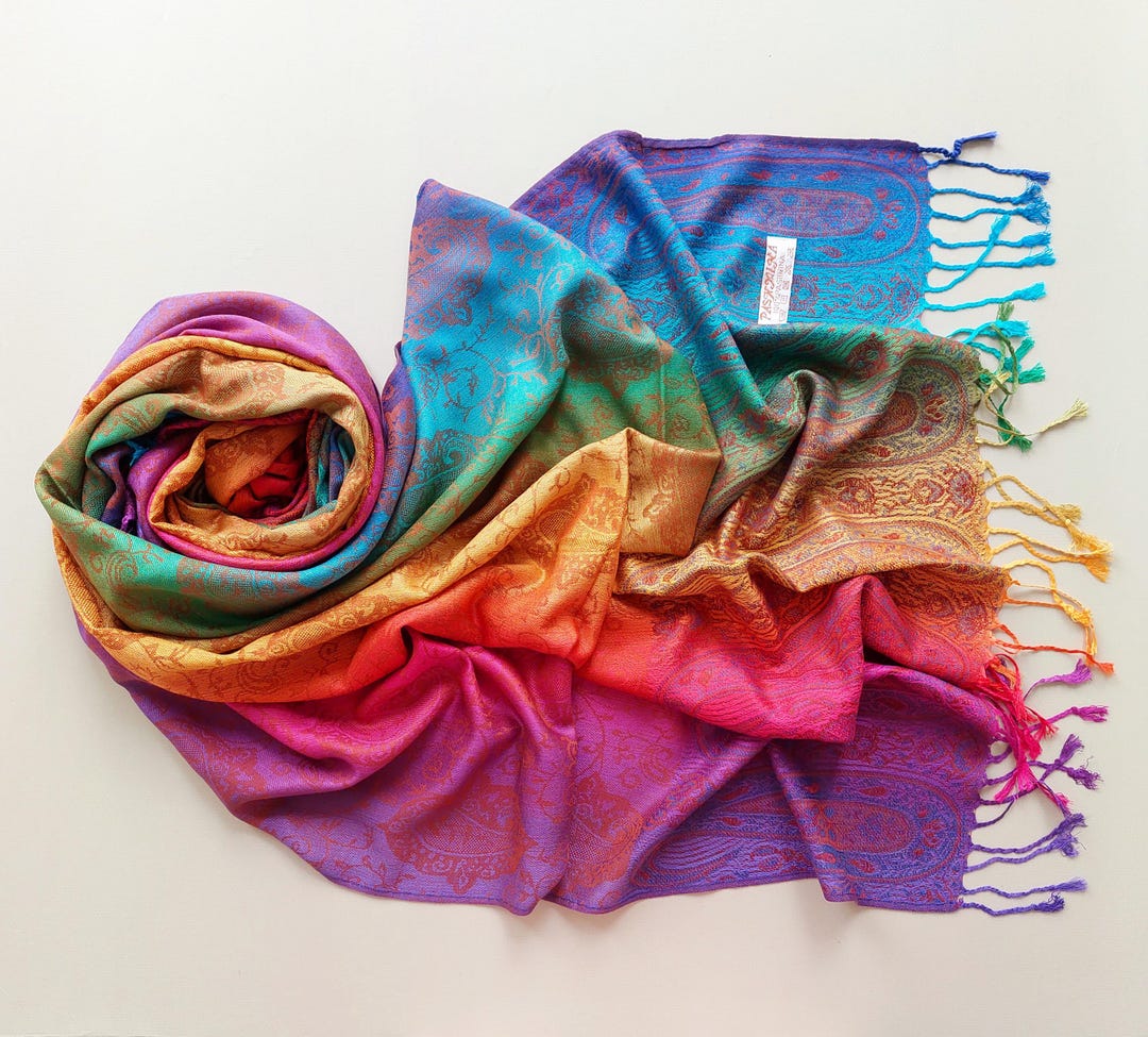 Silk Pashmina Shawl Scarf Rainbow Multi Colour Bright Colourful ...