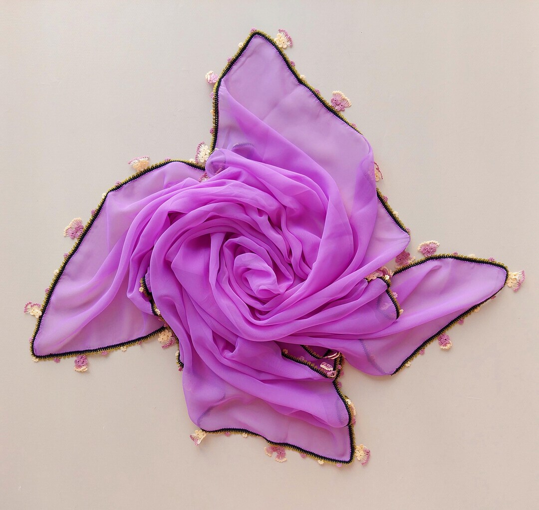 Purple Chiffon Scarf, Turkish Oya Scarf With Crochet Lace, Traditional ...