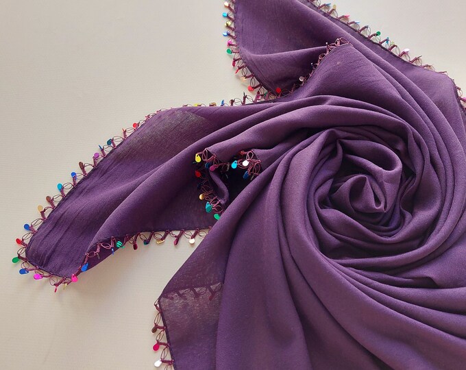 Vintage Large Turkish Scarf With Crochet Beaded Lace OYA - Traditional ...