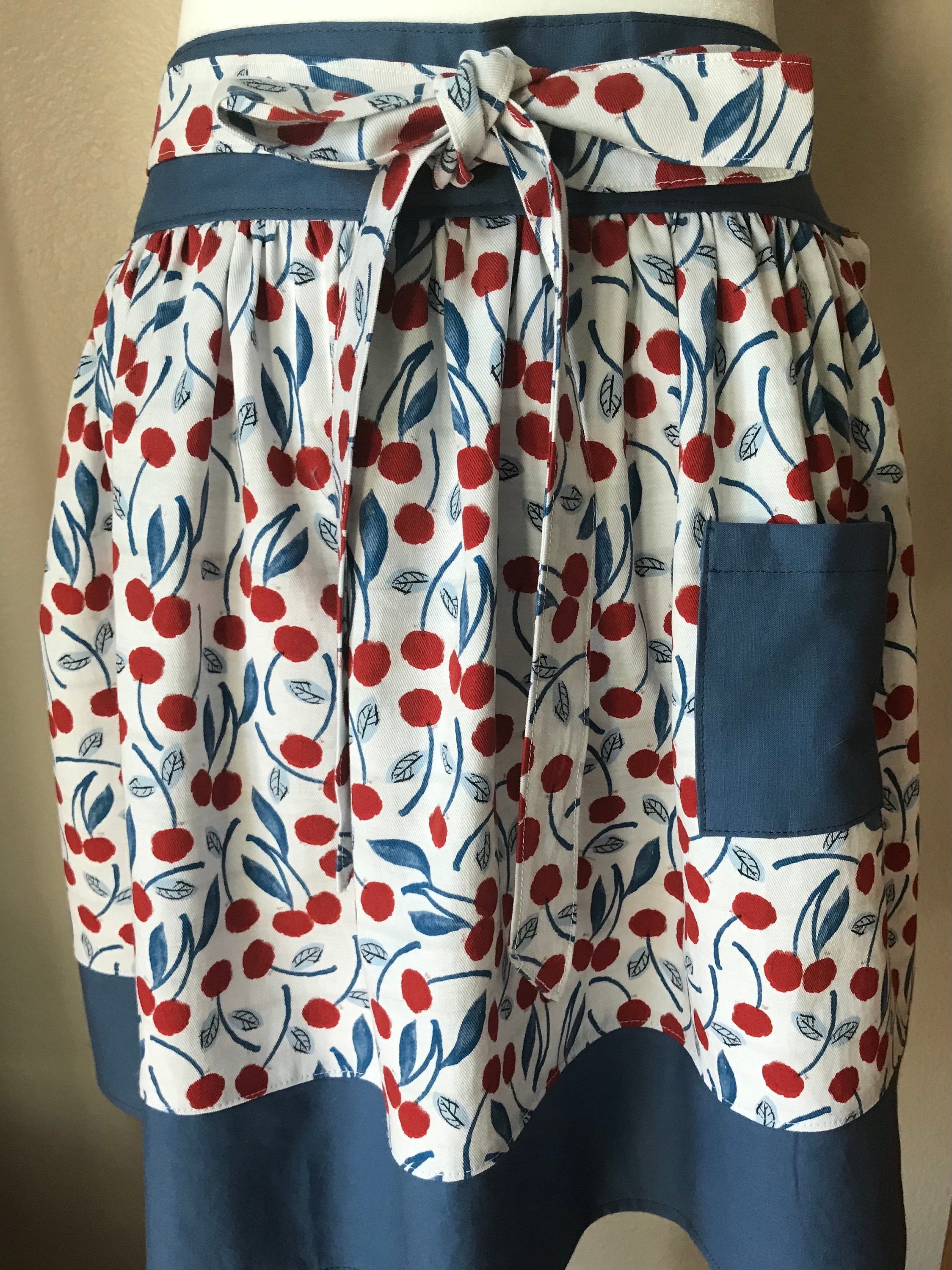 Cute Waist Apron for Women, Cherries Fruit Fabric Blue Trim Waist Apron ...