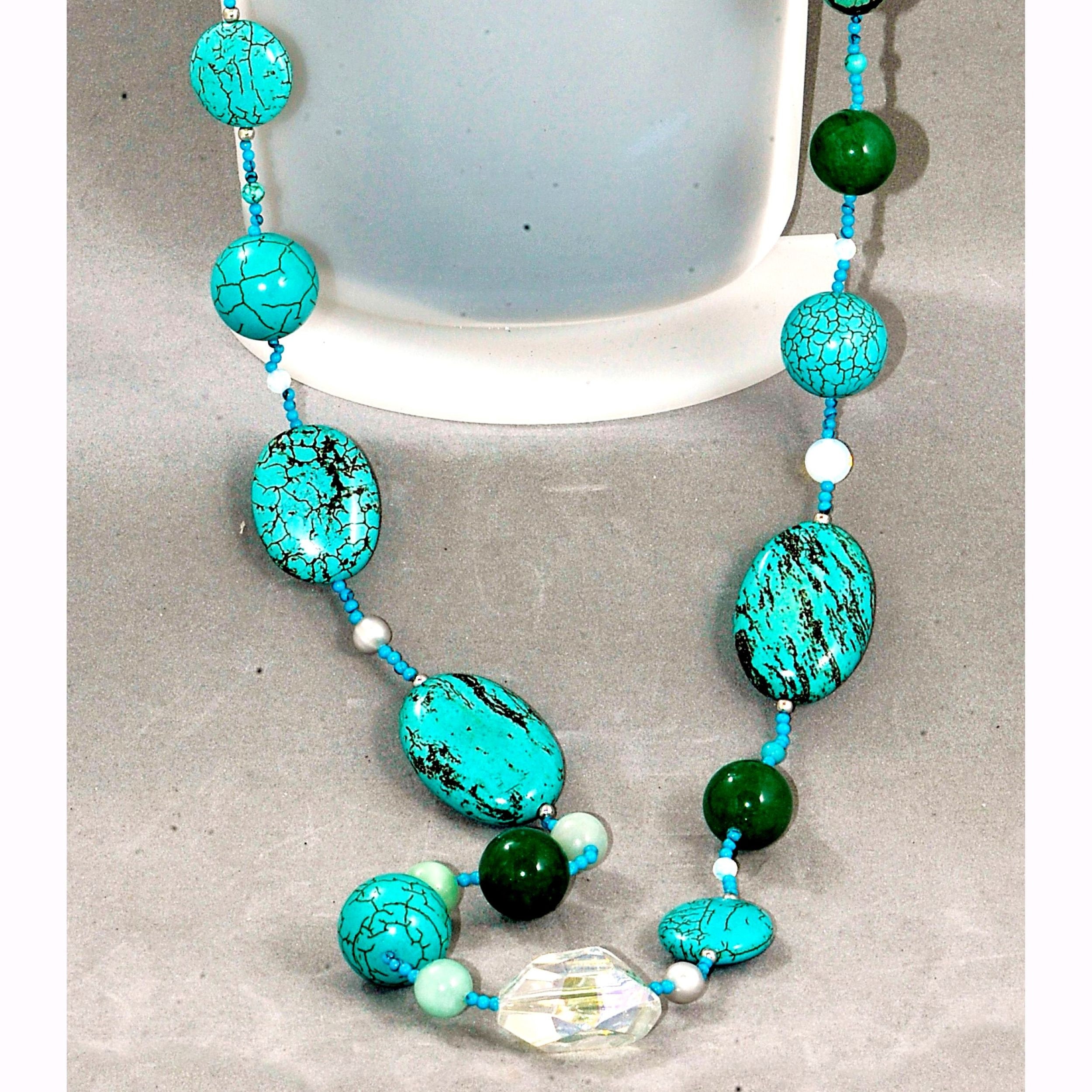 Natural Howlite Long Beaded Necklace, Blue Howlite Gemstone Long ...