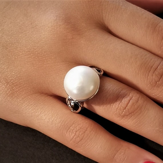 White Pearl Sterling Silver Ring Sterling Silver Rhodium - Etsy