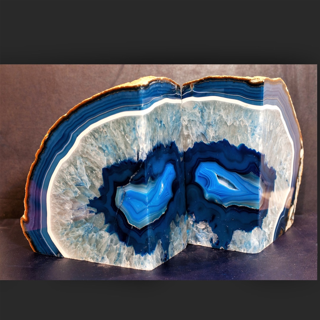Large Blue Agate Bookends, Natural Geode Agate Bookends Pair, Blue ...