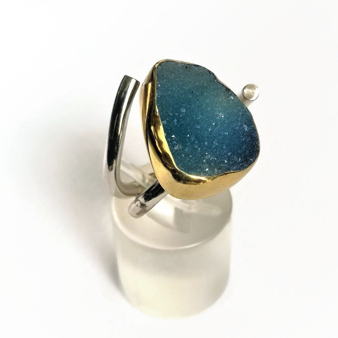 Natural Druzy Blue Agate Sterling Silver Ring , Blue Agate Druzy Ring ...