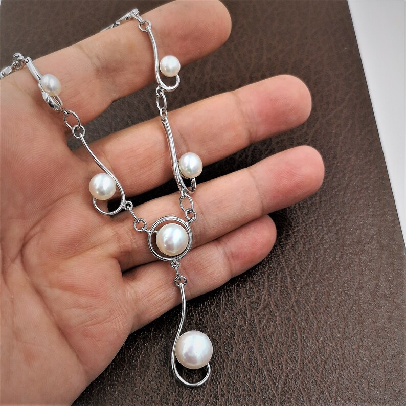 White Pearl Sterling Silver Necklace Wedding Necklace Etsy