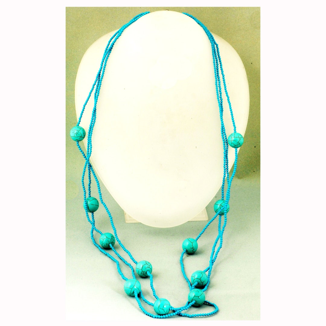 Natural Blue Howlite Beaded Long Necklace,blue Howlite Triple Strand ...