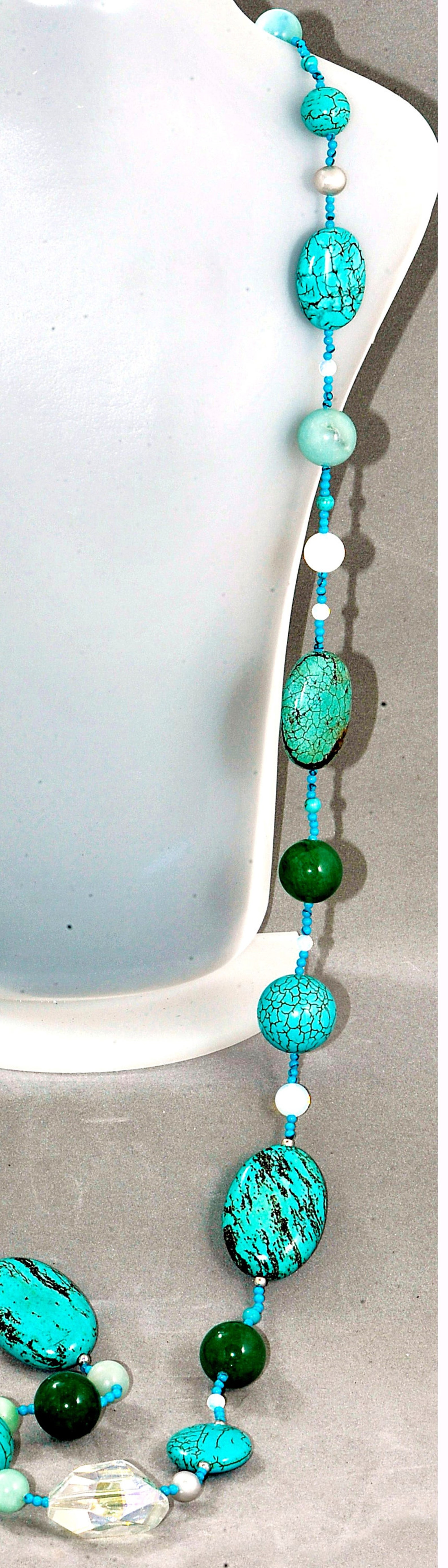 Natural Howlite Long Beaded Necklace, Blue Howlite Gemstone Long ...