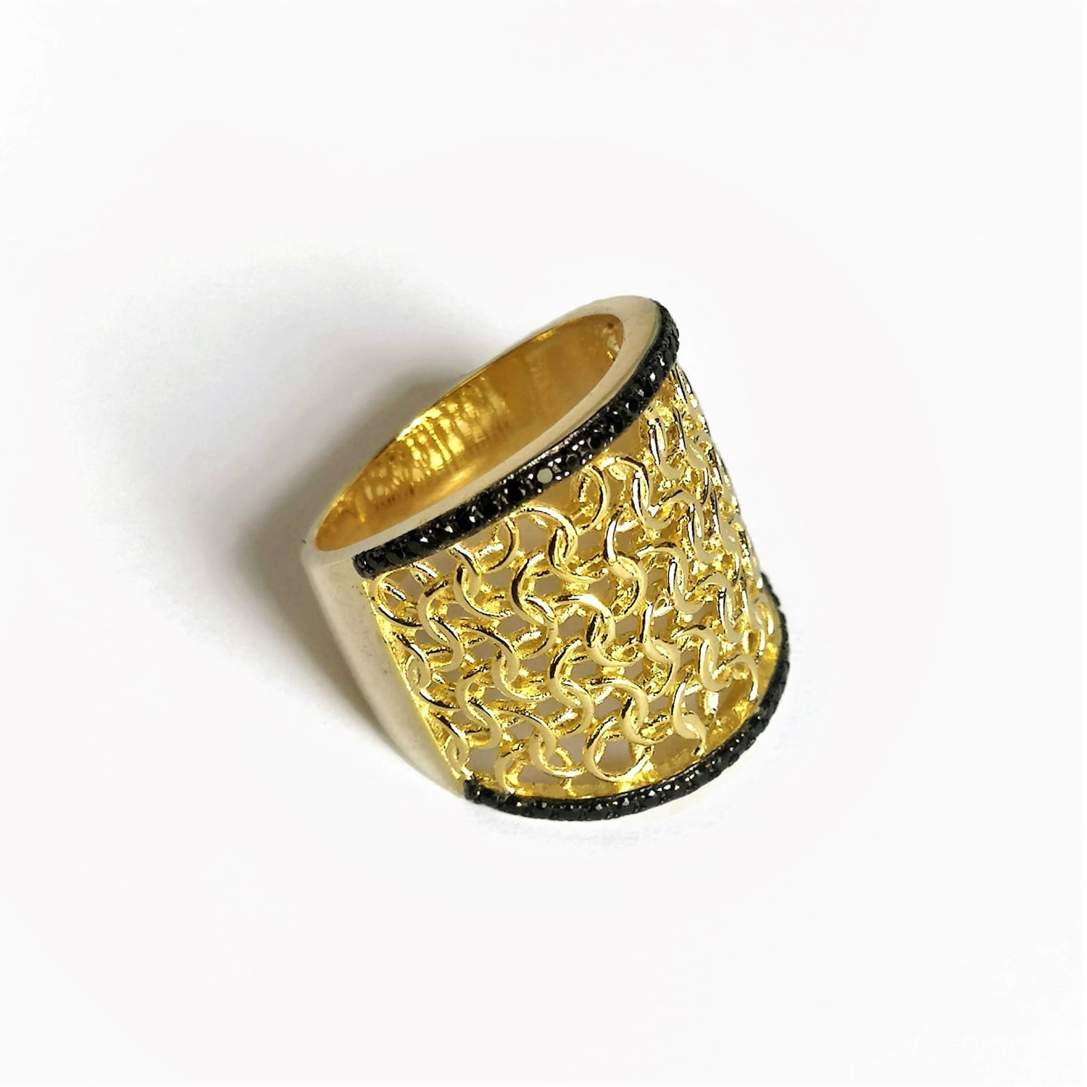 Wide Net Ring, Sterling Silver Gold Plated Wide Ring With Black Cubic ...