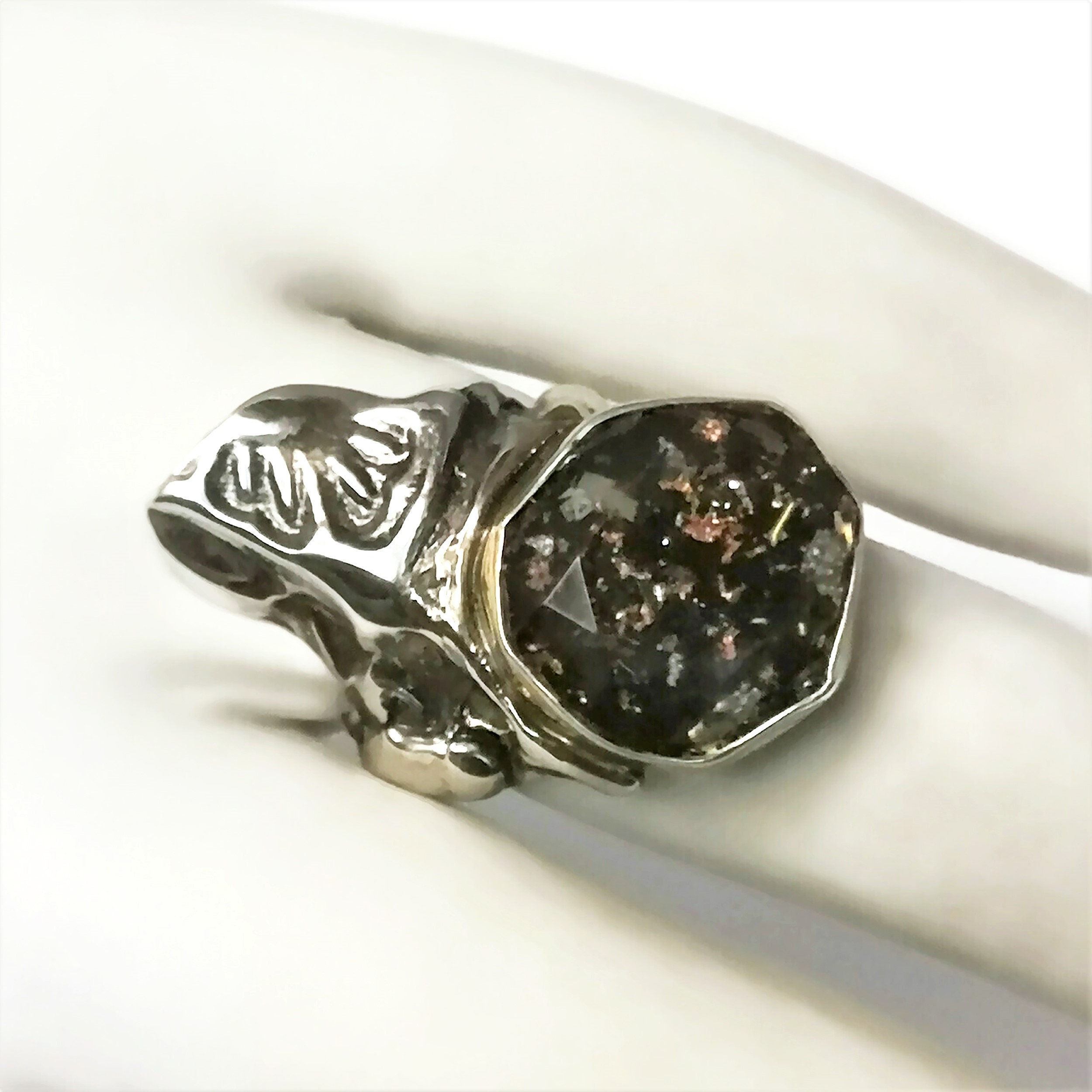 Pyrite Crystal Quartz Doublet Ring, Textured Sterling Silver Ring With ...