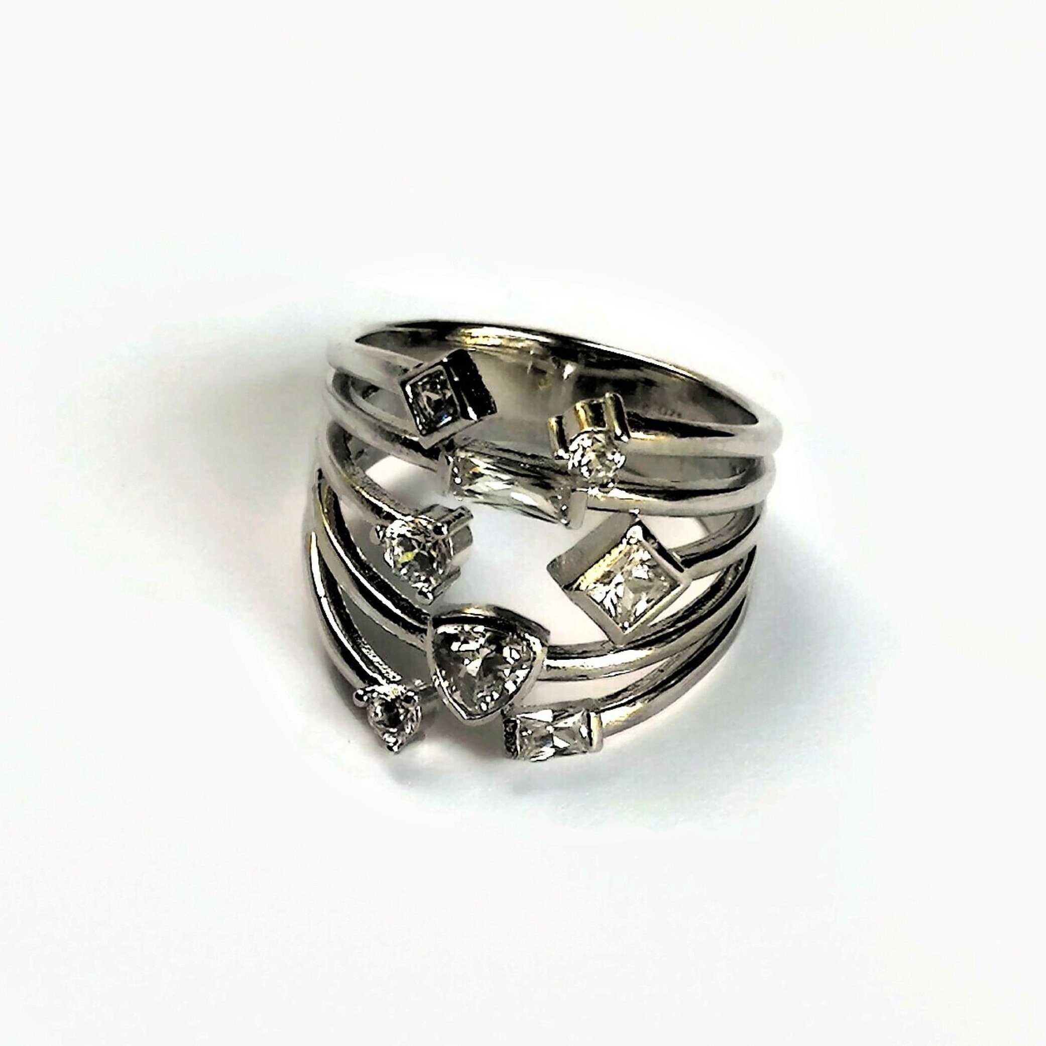 Sterling Silver Cubic Zirconia Multi-row Open Ring, Wedding Ring ...