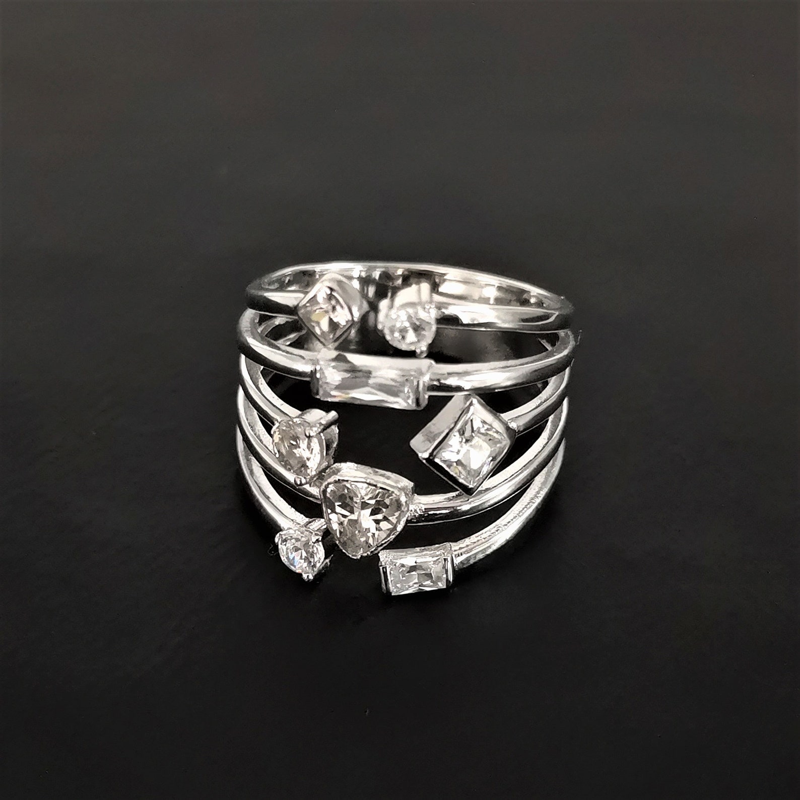 Sterling Silver Cubic Zirconia Multi-row Open Ring, Wedding Ring ...