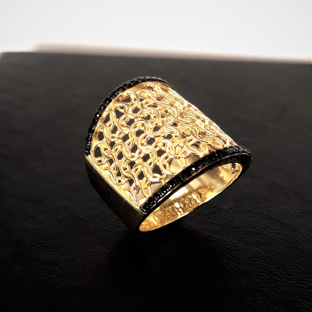 Wide Net Ring, Sterling Silver Gold Plated Wide Ring With Black Cubic ...