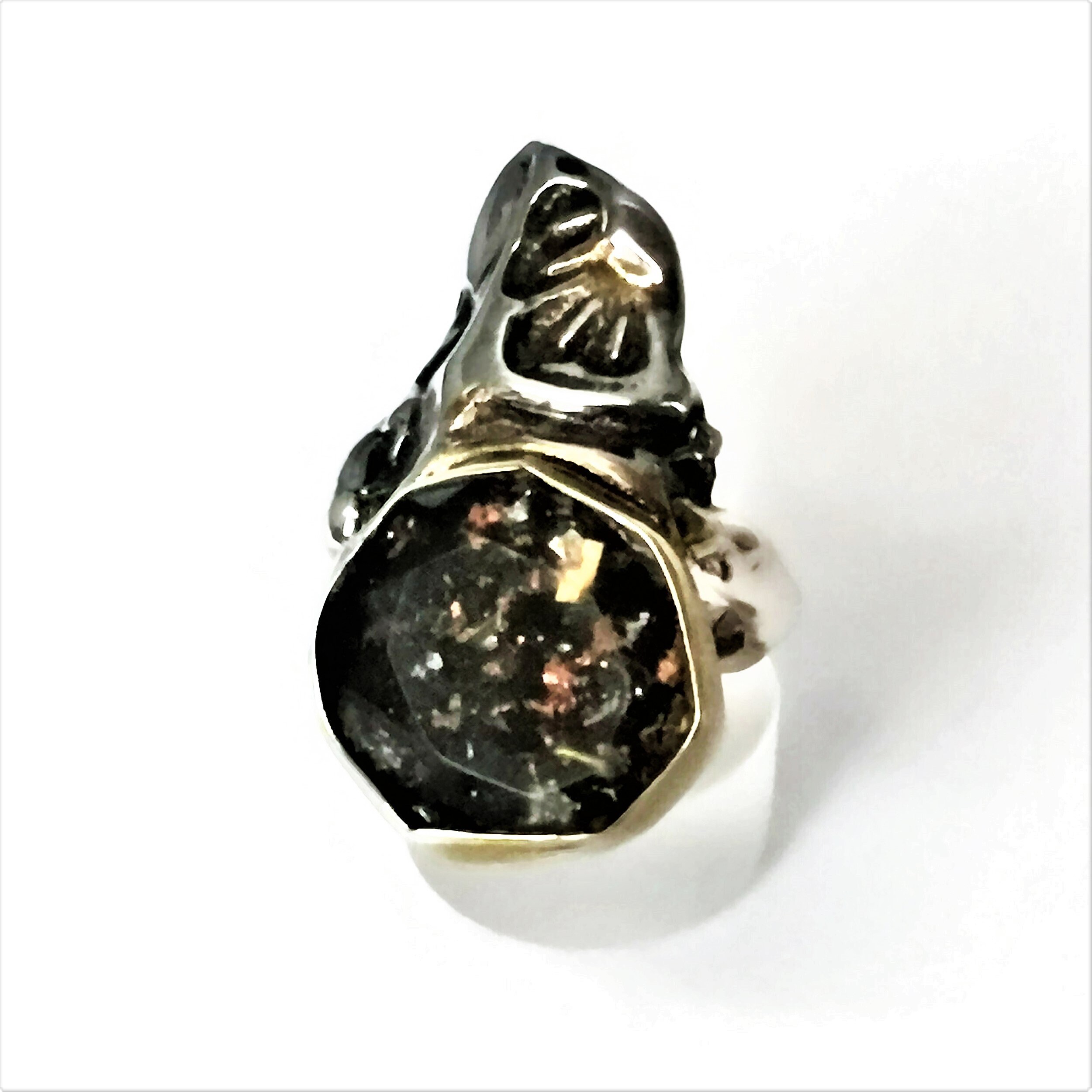 Pyrite Crystal Quartz Doublet Ring, Textured Sterling Silver Ring With ...