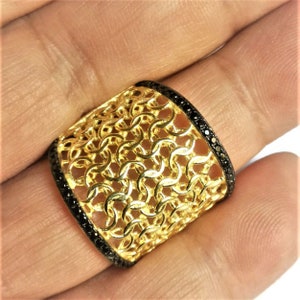 Wide Net Ring, Sterling Silver Gold Plated Wide Ring With Black Cubic ...