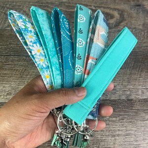 Teal Key Fob Wristlet Keychain Tassels Lobster Claw Clipper Floral Lama ...