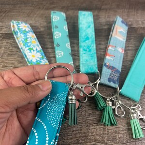 Teal Key Fob Wristlet Keychain Tassels Lobster Claw Clipper Floral Lama ...