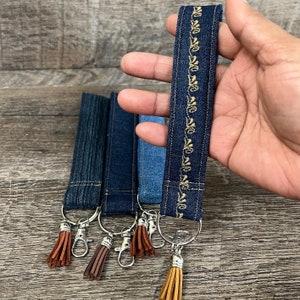 Blue Denim Jeans Key Fob Wristlet Keychain With Tassels Lobster Claw ...