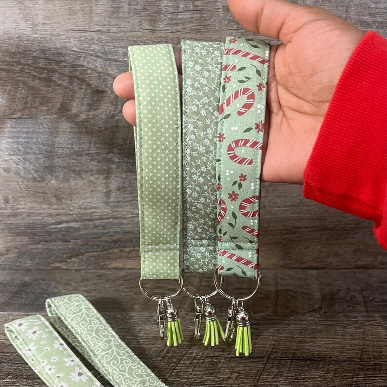 Sage Green Wristlet Keychains, Faded Green Floral Fabric Keyfob ...