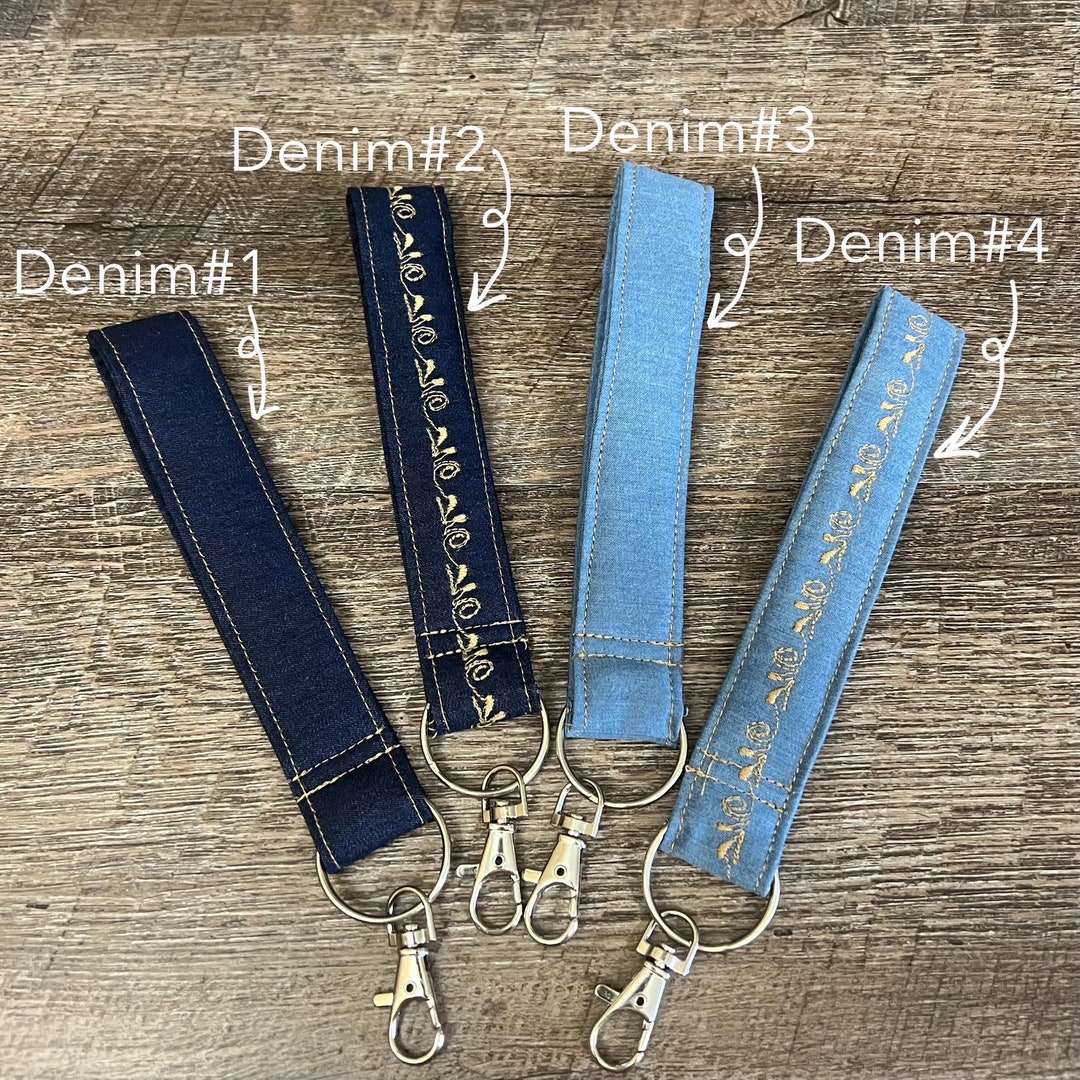 Blue Denim Jeans Key Fob Wristlet, Denim Wristlet Keychain With Tassels ...
