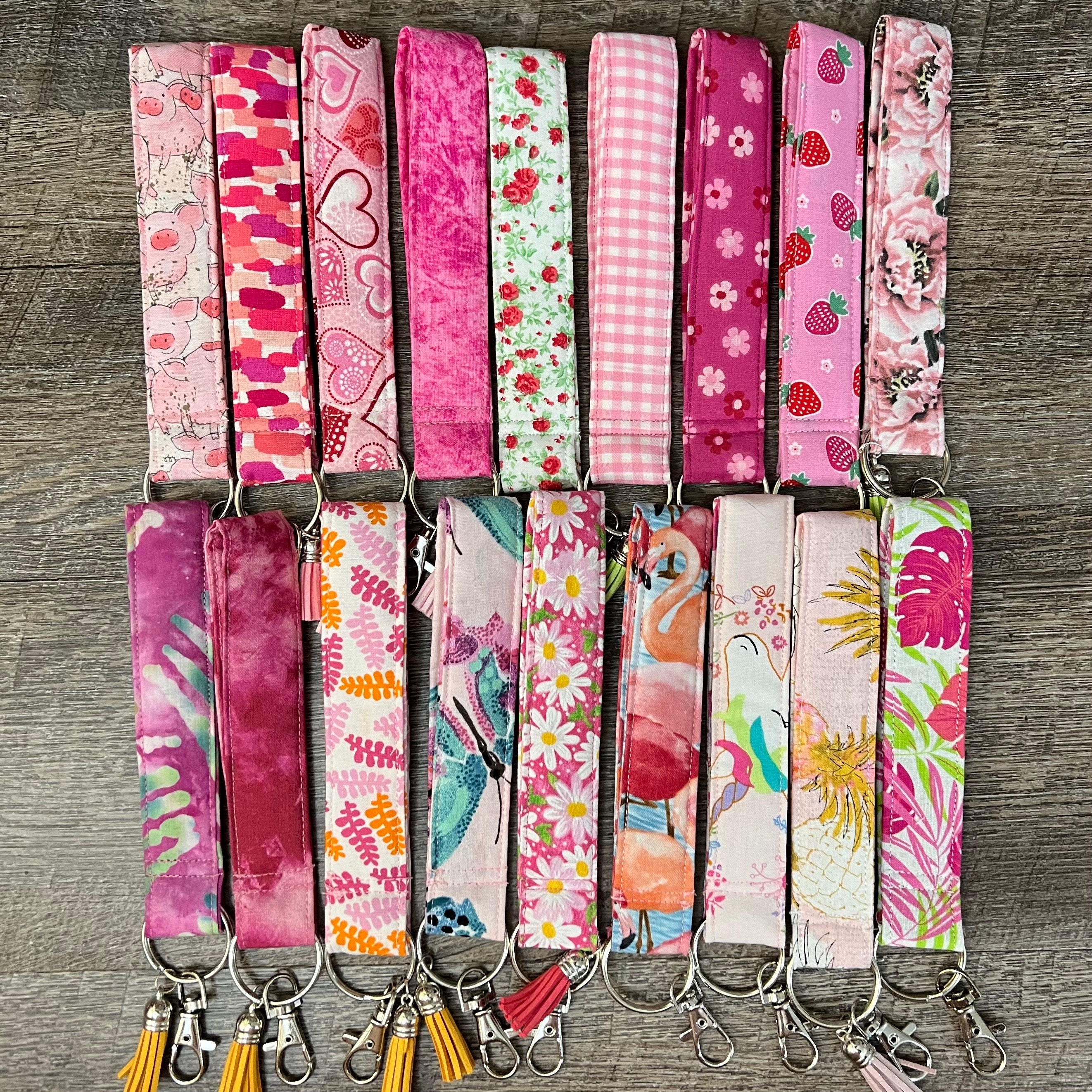 Pink Wristlet Floral Rose Key Fob Wristlets Tassels Lanyard Silver ...