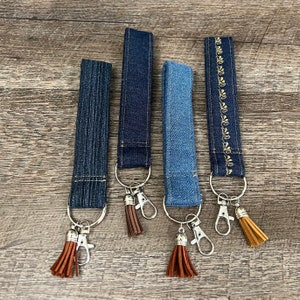 Blue Denim Jeans Key Fob Wristlet Keychain With Tassels Lobster Claw ...
