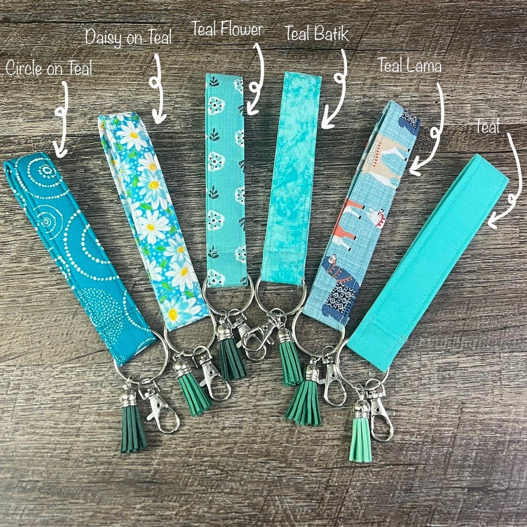 Teal Key Fob Wristlet Keychain Tassels Lobster Claw Clipper Floral Lama ...