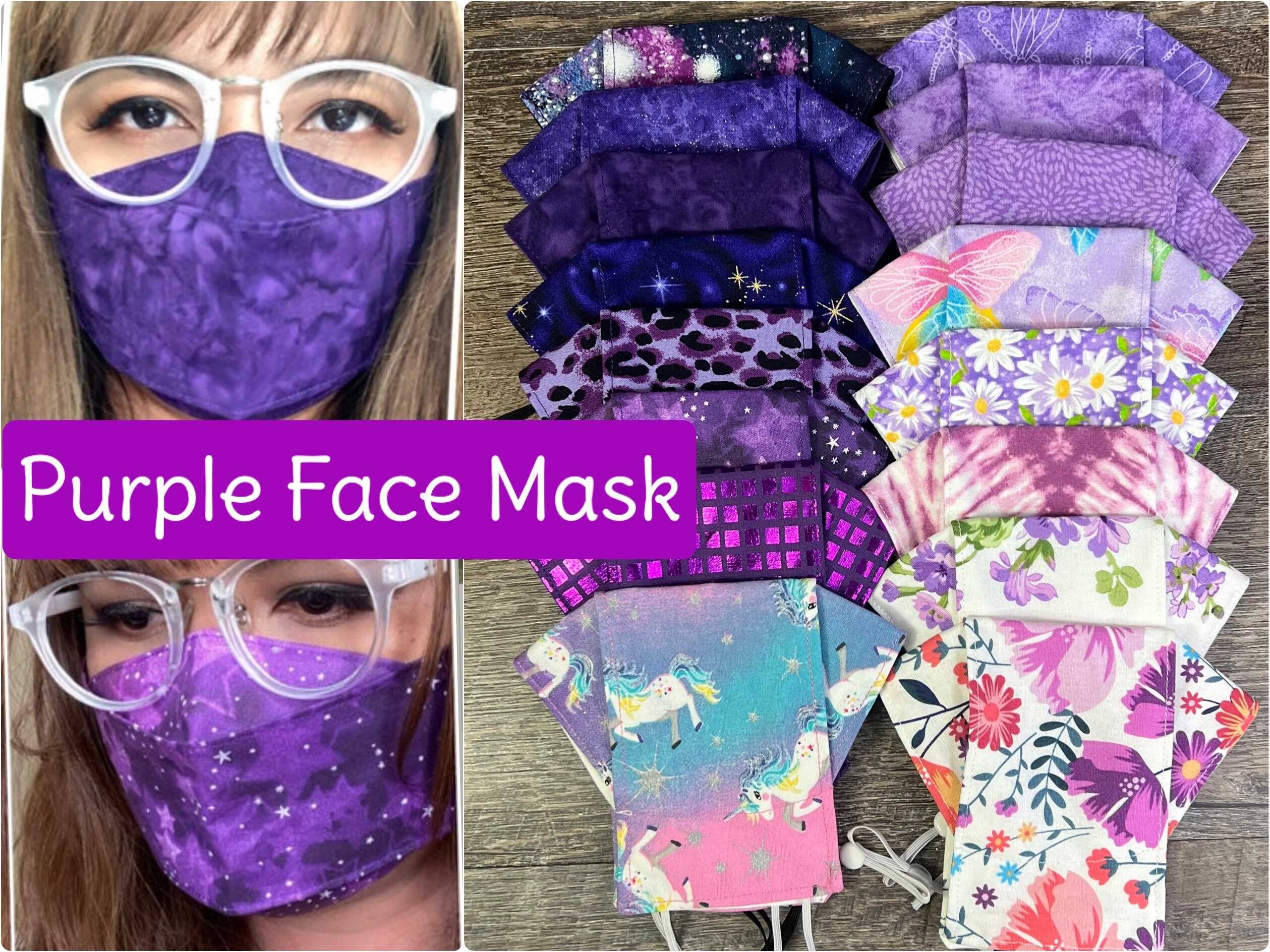 3D Origami Purple Face Masks, Double Layer Adjustable Straps Dragonfly ...