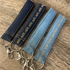 Blue Denim Jeans Key Fob Wristlet, Denim Wristlet Keychain With Tassels ...