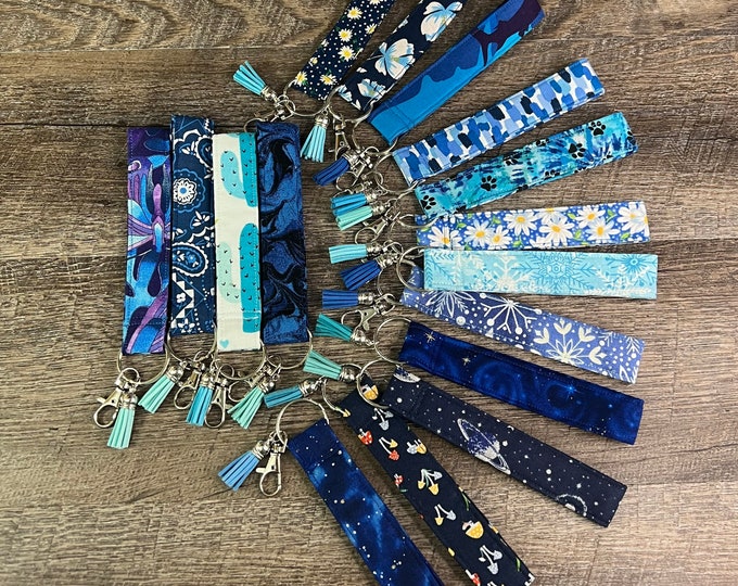 Blue Print Floral Key Fob Fabric Key Fob Navy Key Fob Blue Flower Key ...