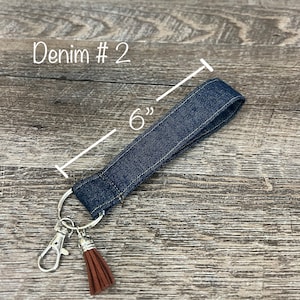Blue Denim Jeans Key Fob Wristlet Keychain With Tassels Lobster Claw ...