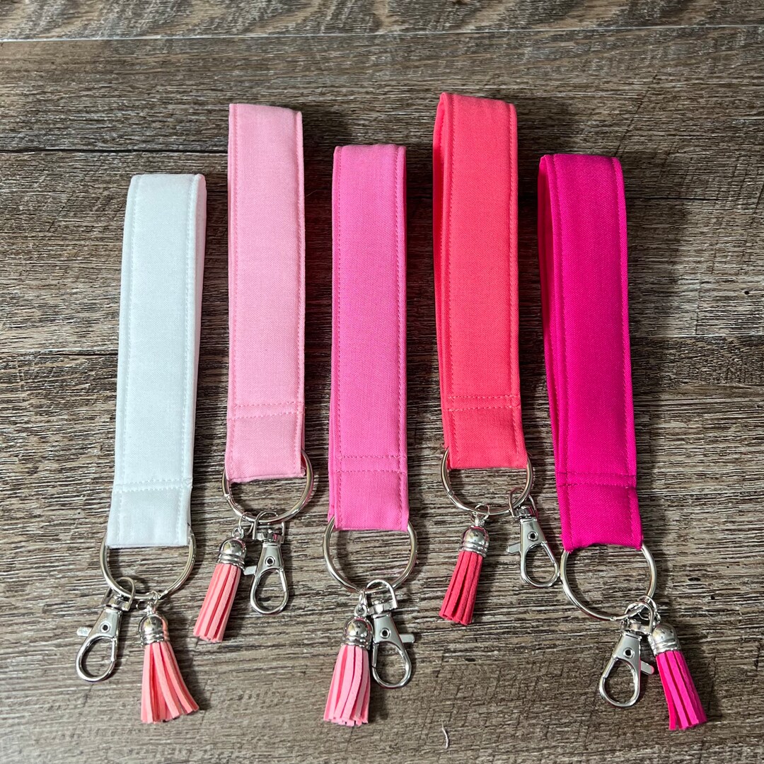 Pink Wristlet Keychain Pink Key Fob Tassels Lobster Claw Clipper Cotton ...